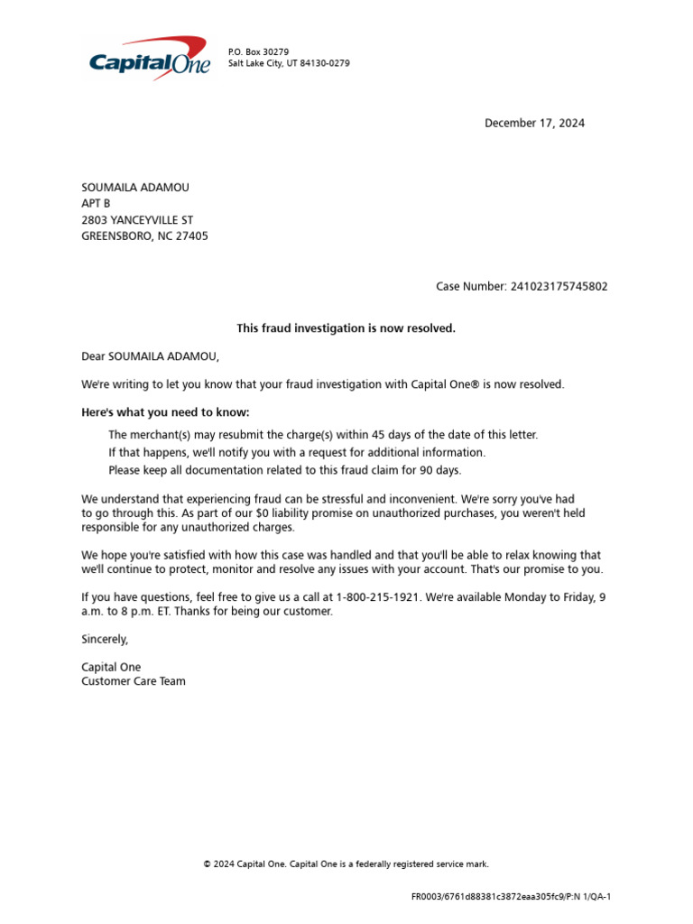 Fraud Resolution Letter 1216 | PDF