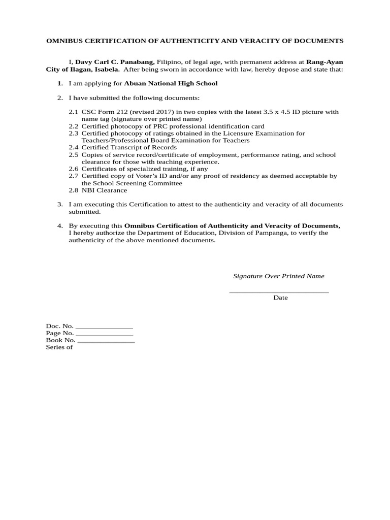 Omnibus Certification for School Application | PDF