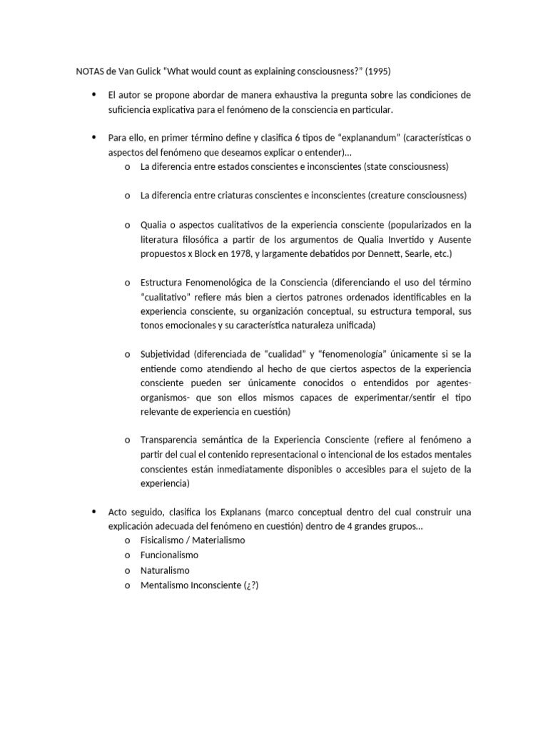 NOTAS de Van Gulick - What would count as explaining consciousness ...