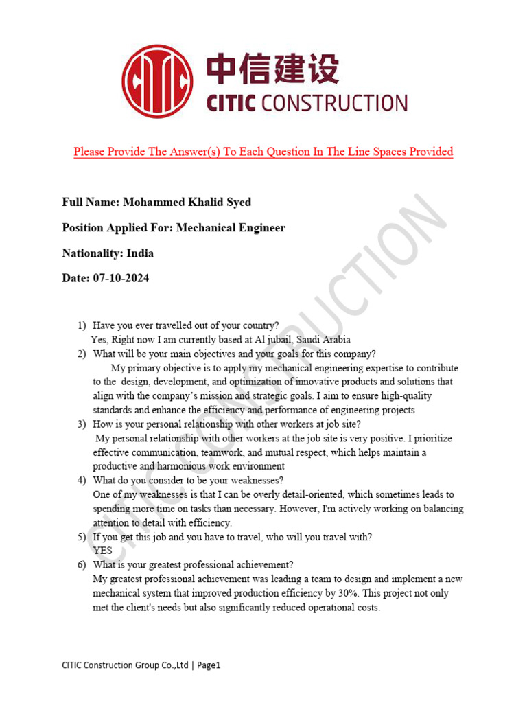 CITIC Construction Questionnaire[1] | PDF | Business