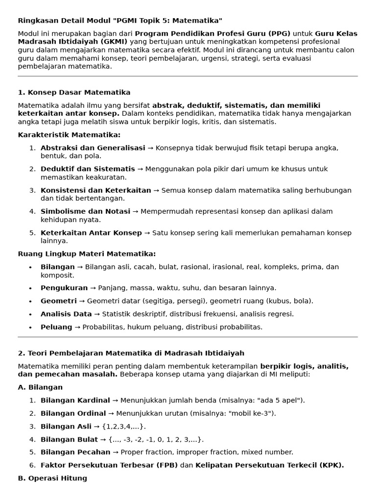 Modul Pembelajaran Matematika PPG MI | PDF