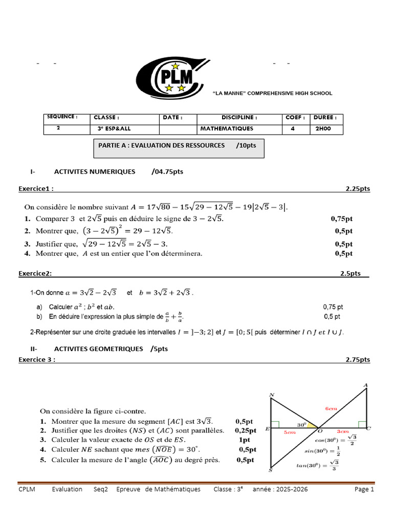 Évaluation de Mathématiques 3e 2025-2026 | PDF | Mathématiques
