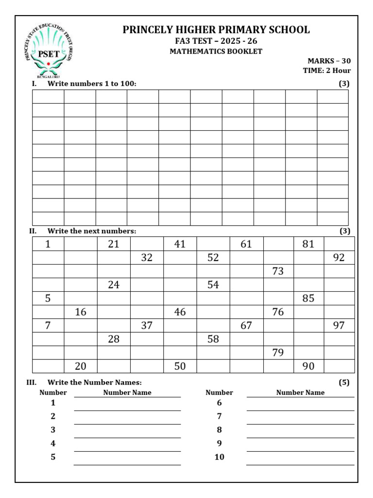 FA3 Mathematics Test for Primary Students | PDF