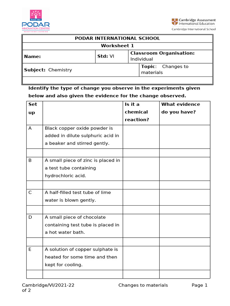 Worksheet VI Chem Unit 8.4 Changes in Materials | PDF