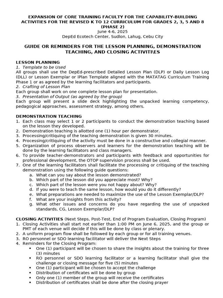 General Guidelines For The Lesson Planning, Teaching Demonstration, and ...