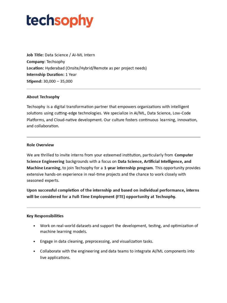 Software Internship - Job Description - Techsophy | PDF | Machine ...