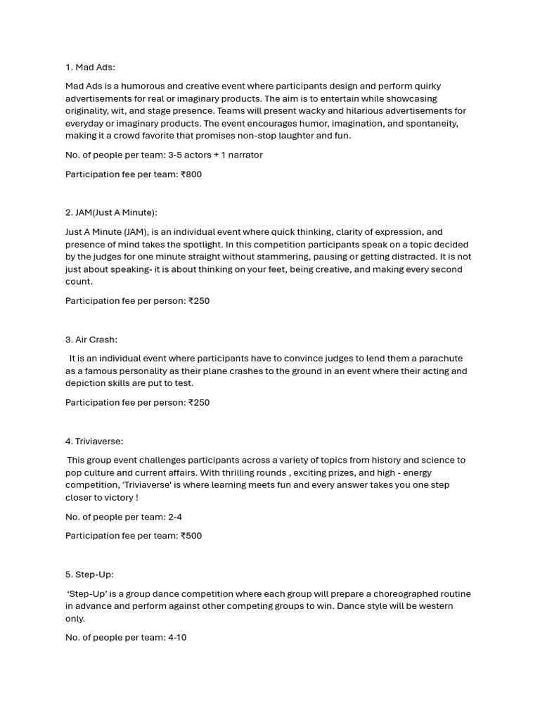 Creative Event Lineup for Students | PDF