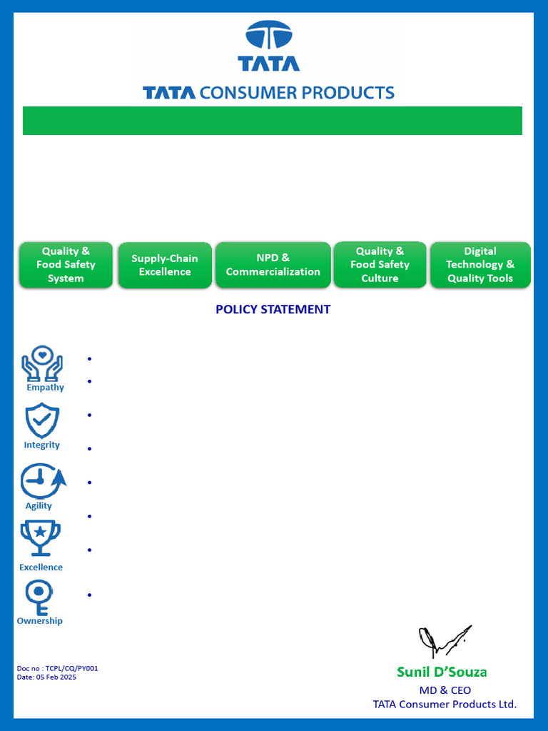 Tata Consumer Products Food Safety Policy | PDF | Regulatory Compliance ...
