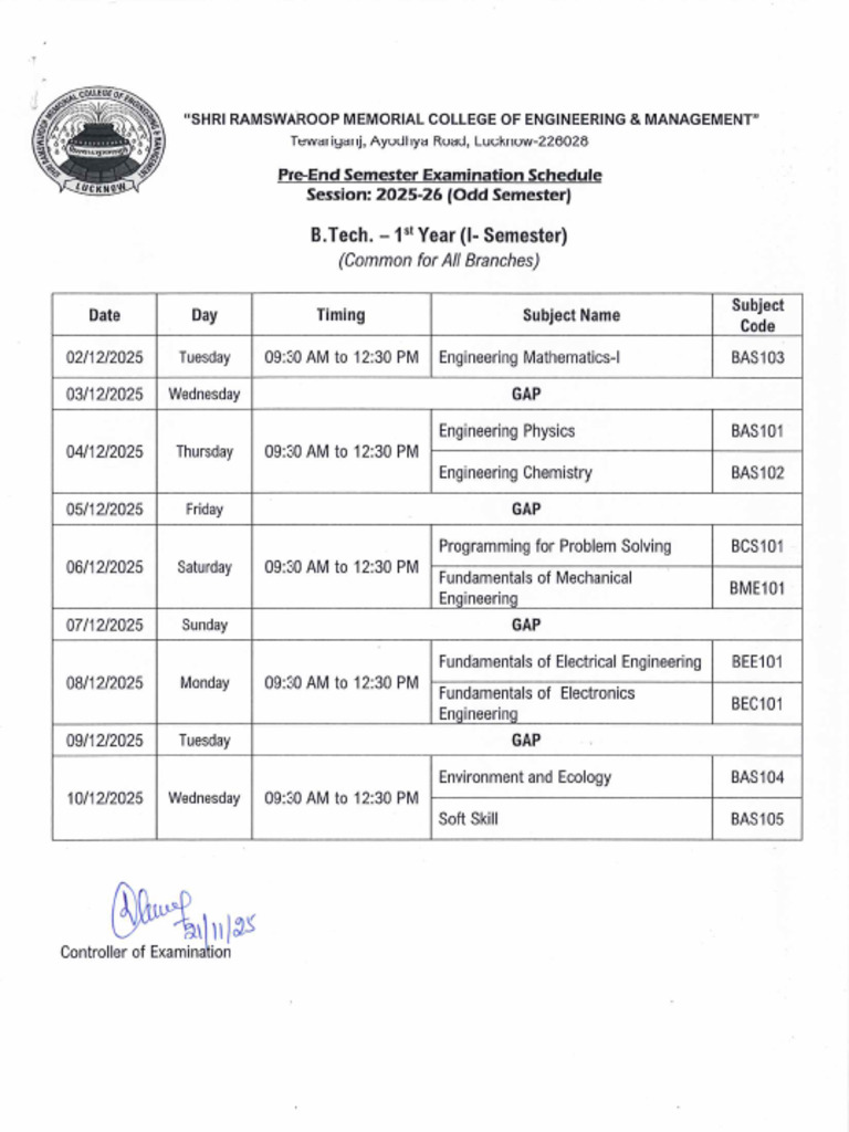 Pre End Semester Exam Schedule (1) | PDF