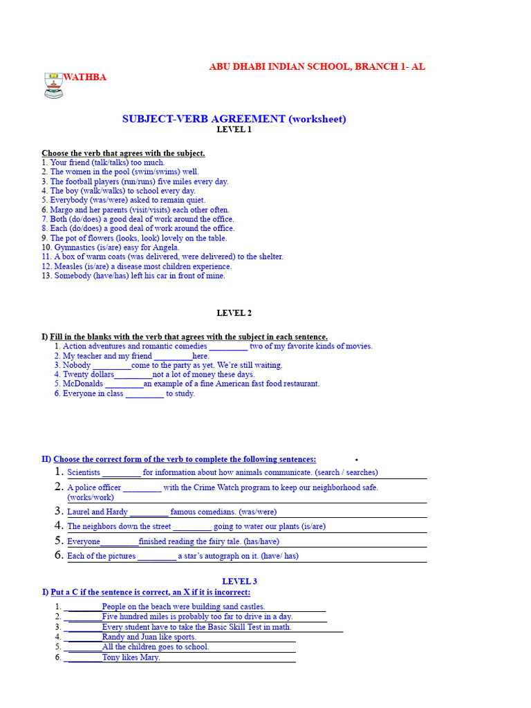 Subject Verb Agreement Exercise - Reduced - 2 | PDF