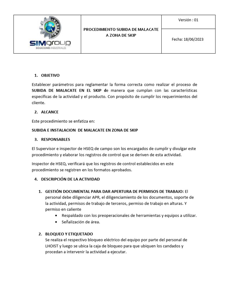 PROCEDMIENTO - Subida de Malacate | PDF
