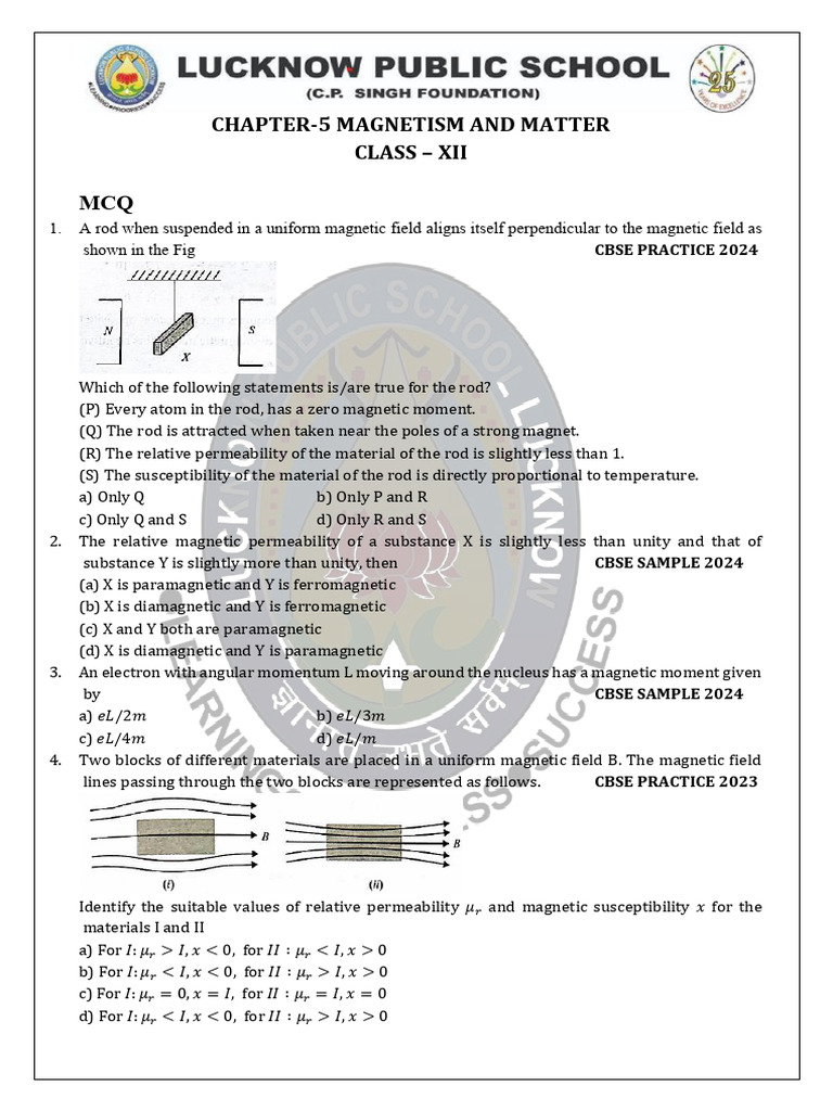 Magnetism and Matter MCQs for Class XII | PDF | Magnetism | Magnetic Field