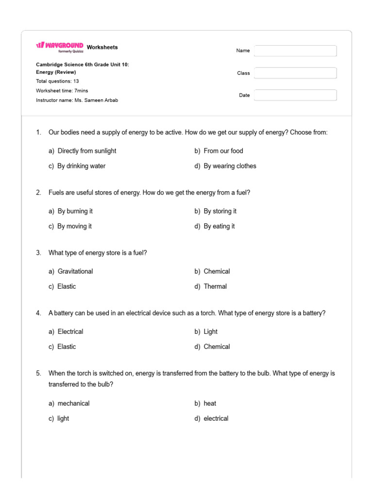 6th Grade Energy Review Worksheet | PDF | Heat | Water Heating