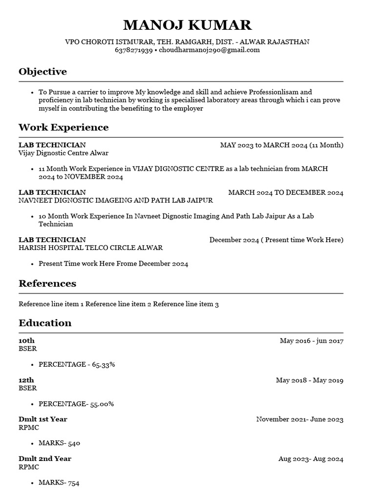 Lab Technician Resume of Manoj Kumar | PDF