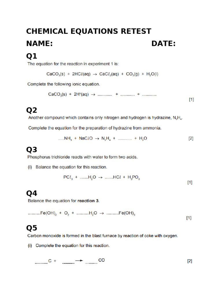 Chemical Equations Retest | PDF