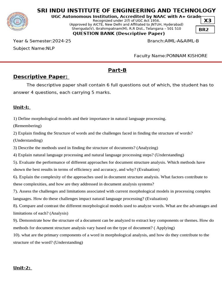 NLP SIIET- (Descriptive Paper)-MID-I DM | PDF | Parsing | Syntax