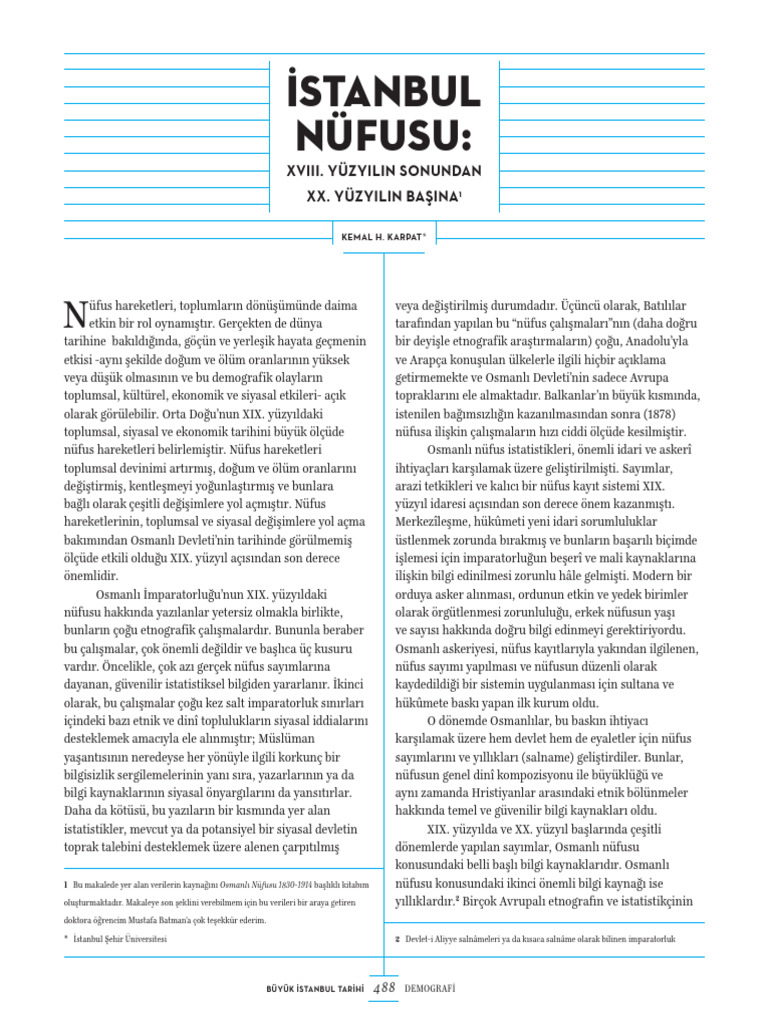 Istanbul Nufusu Xviii Yuzyilin Sonundan Xx Yuzyilin Basina 95 | PDF