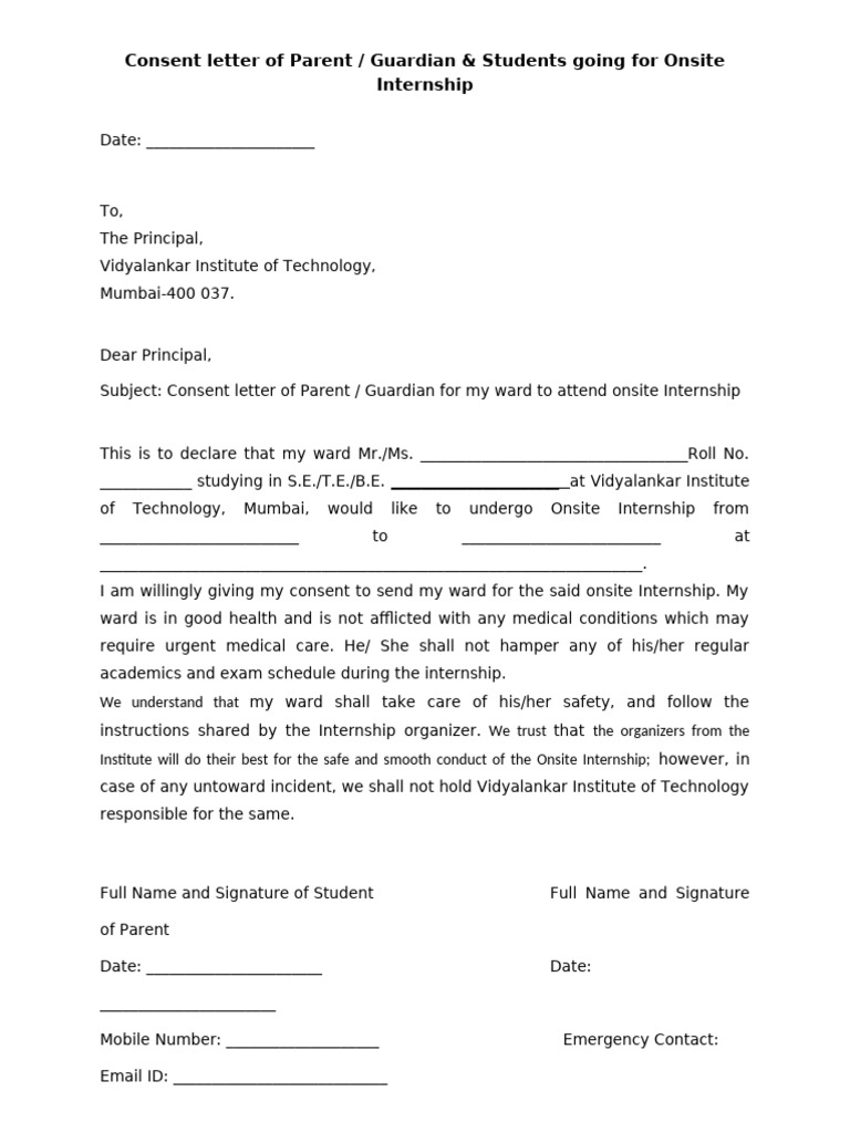 Parent Consent Letter_Onsite Internship-2024 | PDF