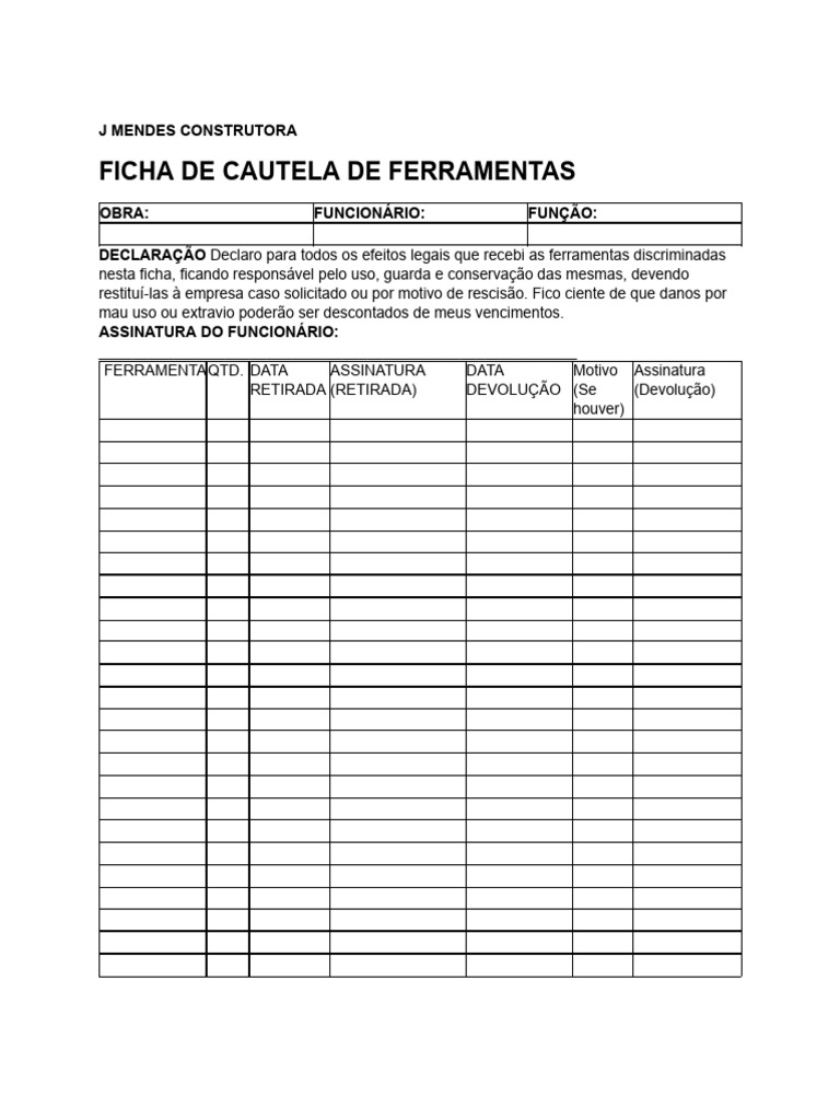Ficha de Cautela de Ferramentas | PDF