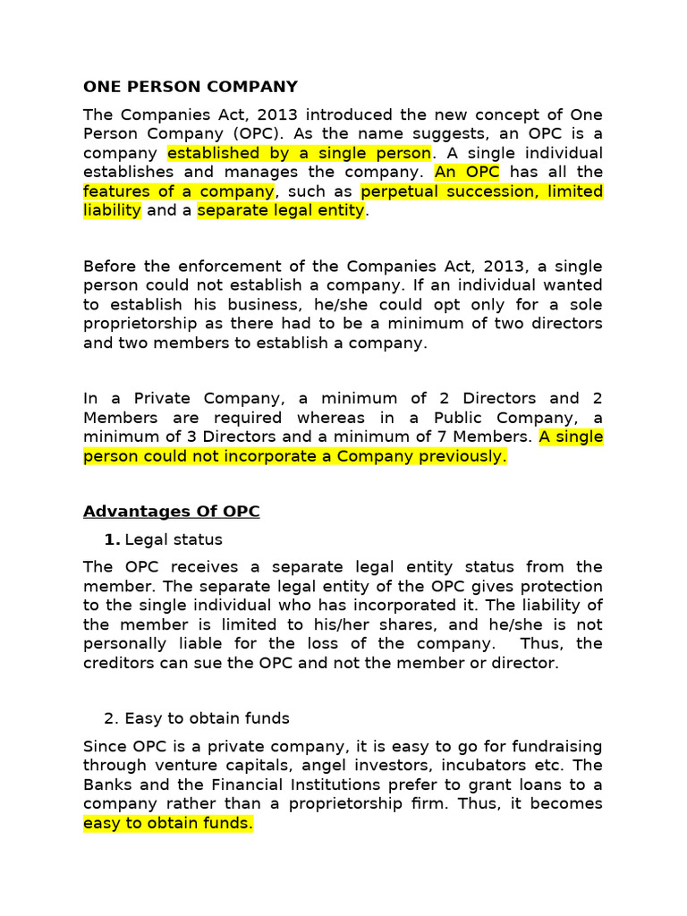 One Person Company | PDF | Sole Proprietorship | Legal Liability