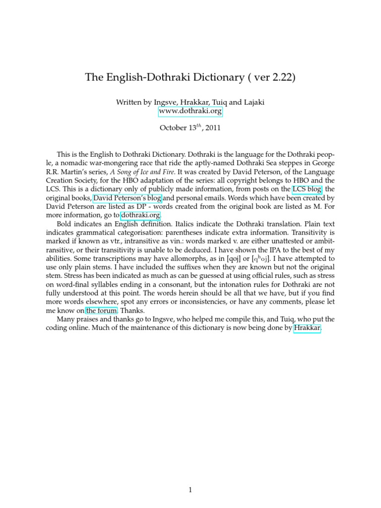 Dothraki Language Guide | PDF | English Language | Linguistics