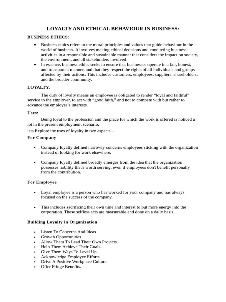 Loyalty and Ethical Behaviour in Business | PDF | Employment | Business ...