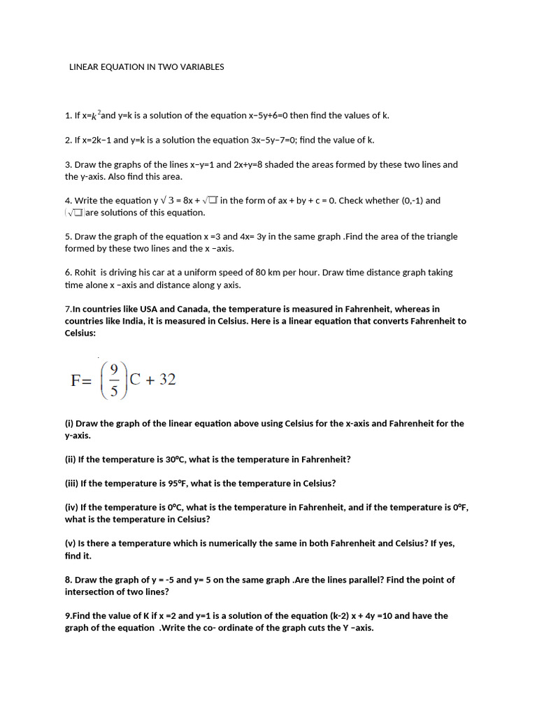 Linear Equation in Two Variables Worksheet - 2 | PDF | Fahrenheit ...