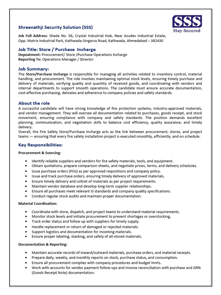 Store/Purchase Incharge Job in Ahmedabad | PDF | Procurement | Fire Safety