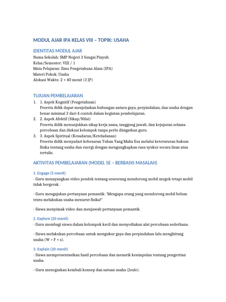 Modul Ajar IPA Kelas VIII: Usaha | PDF