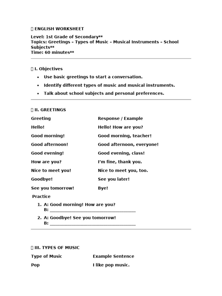1st Grade English Music & School Worksheet | PDF | Musical Instruments ...