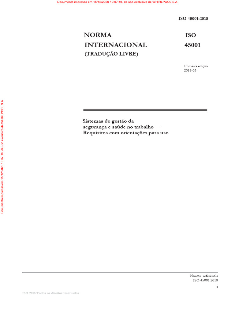 ISO 45001:2018 - Gestão de Segurança no Trabalho | PDF