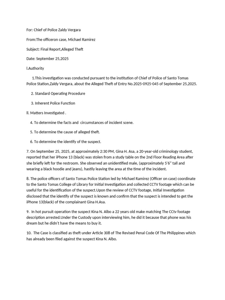 Final Report on Theft Investigation | PDF