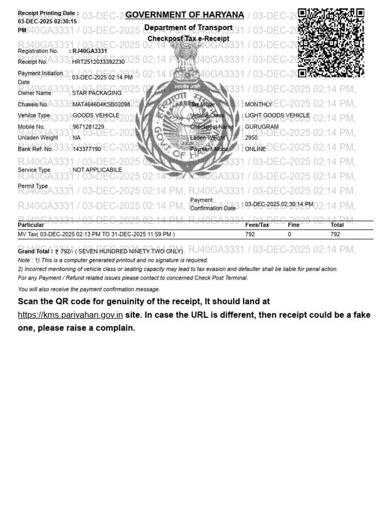 Haryana Checkpost Tax e-Receipt | PDF | Receipt | Payments