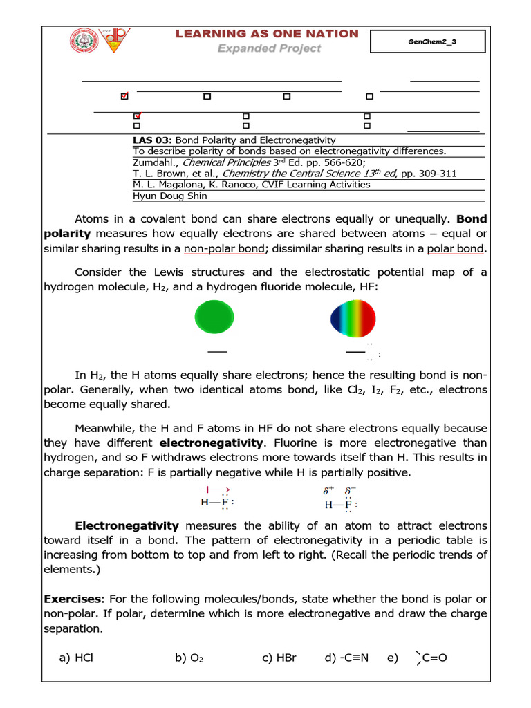 Gen Chemistry 2 LAS 3 Bond Polarity and Electronegativity | PDF ...