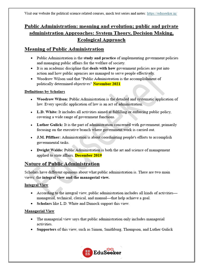 Notes on Public Administartion Meaning, Evolution, Approaches | PDF ...