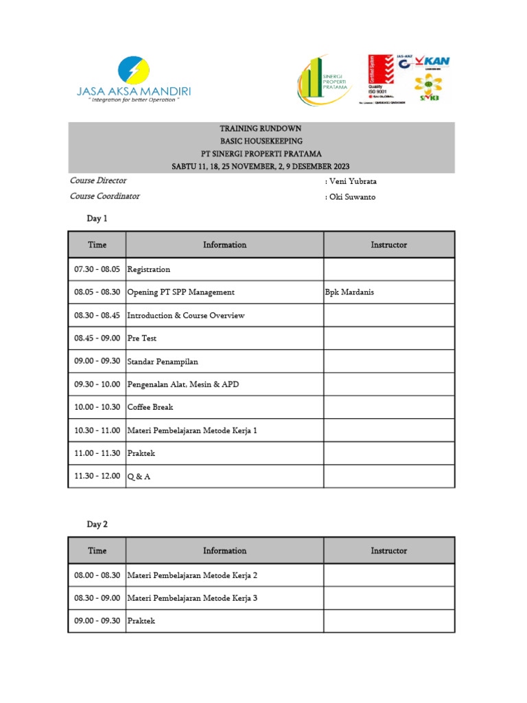 Agenda Training Basic Housekeeping | PDF