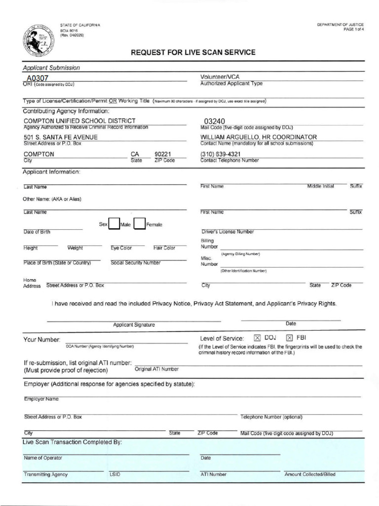 CUSD - Live Scan Form | PDF