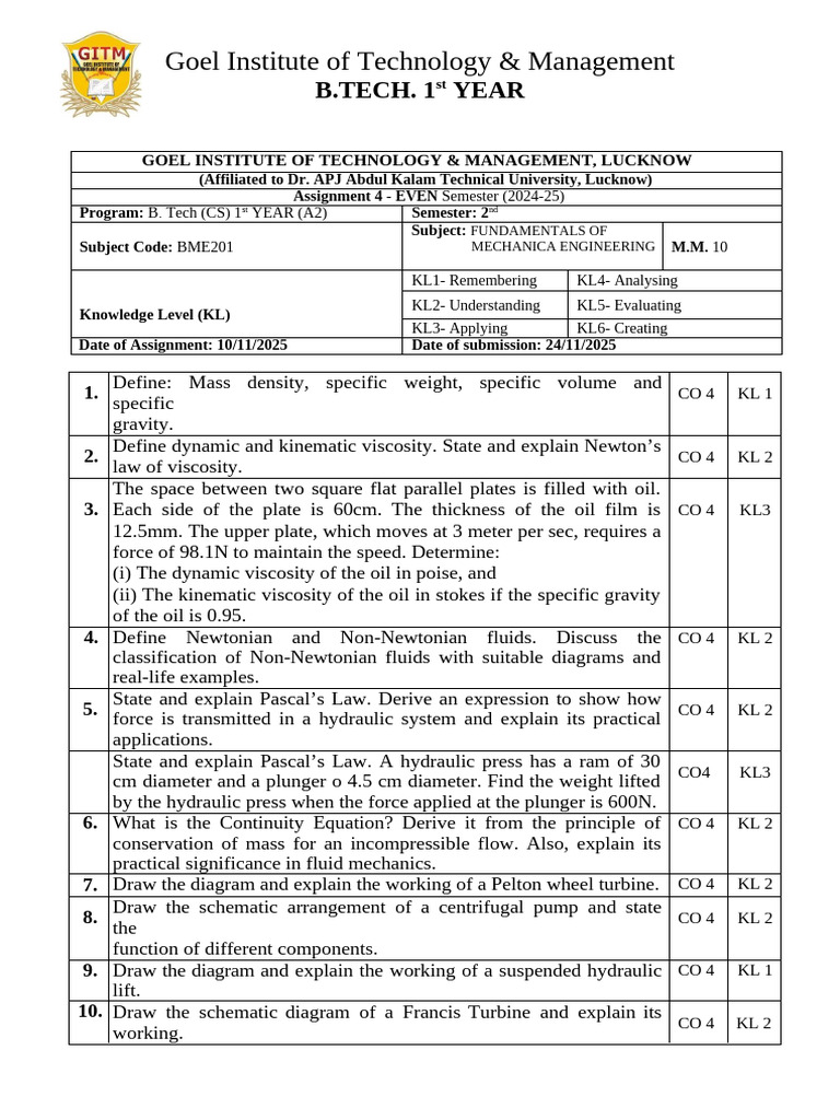 Assignment 4 - Fundamentals of Mechanical Engineering | PDF | Viscosity ...