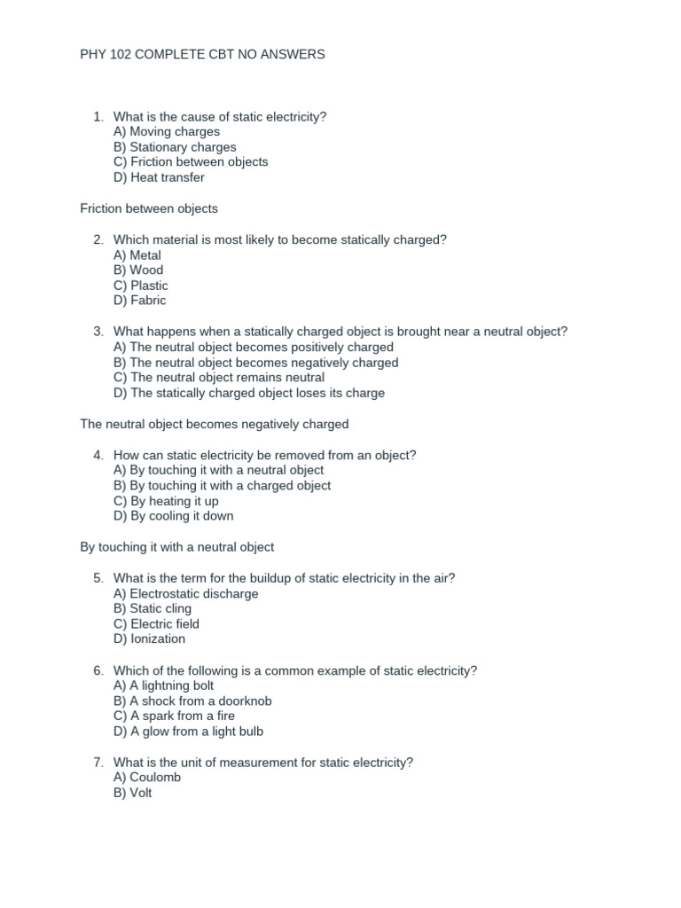 Static Electricity and Electric Concepts Quiz | PDF | Electric Field ...