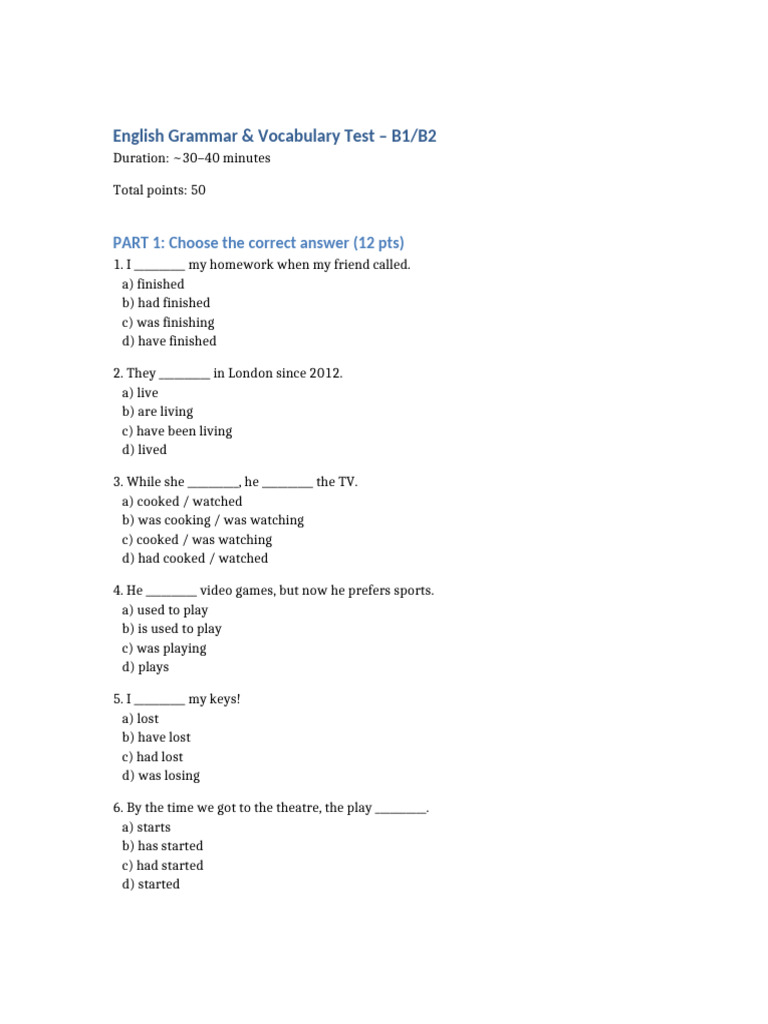 English Grammar Test B1 B2 | PDF | Linguistics | Language Mechanics
