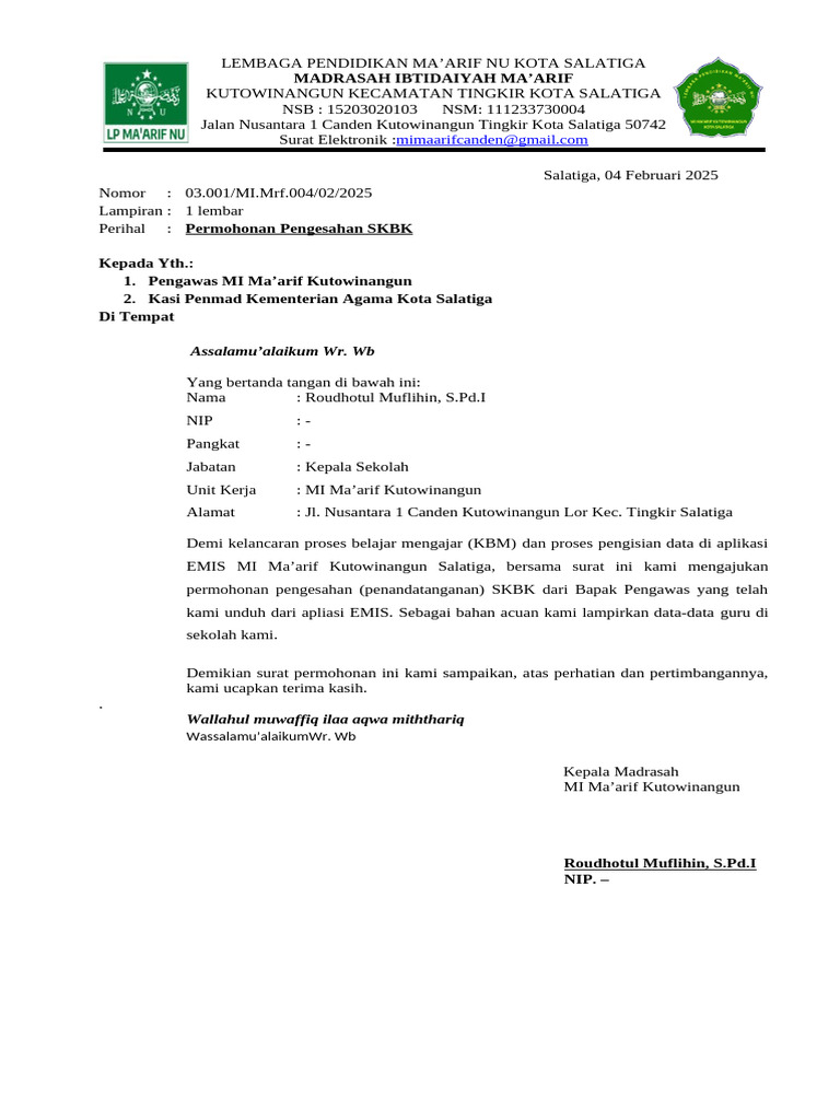 Permohonan Pengesahan SKBK MI Ma'arif | PDF