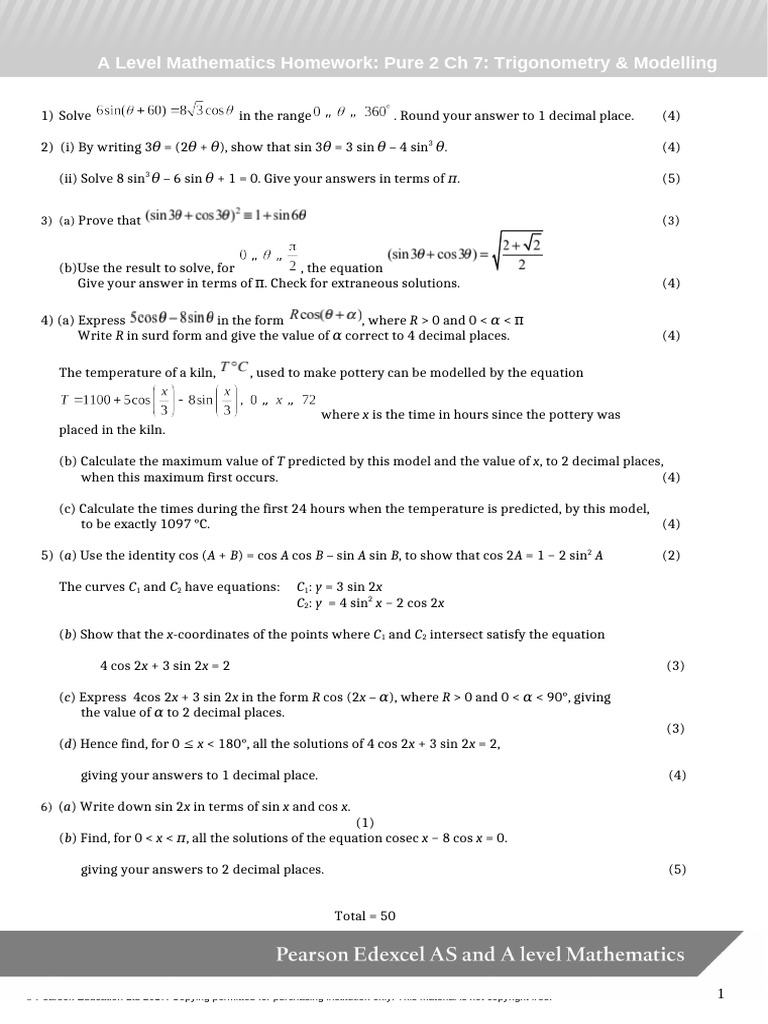 A Level Maths HW Pure 2 Ch7 Trig & Modelling | PDF | Trigonometry ...
