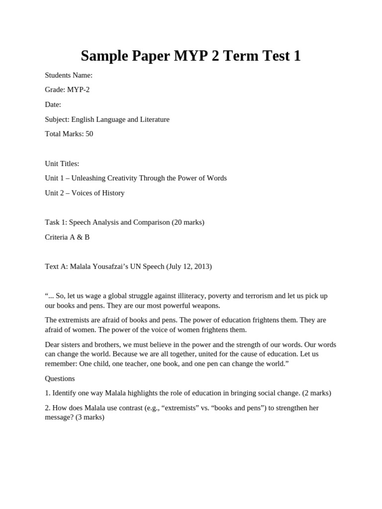 Sample Paper MYP 2 Term Test 1 | PDF | Malala Yousafzai | Human ...