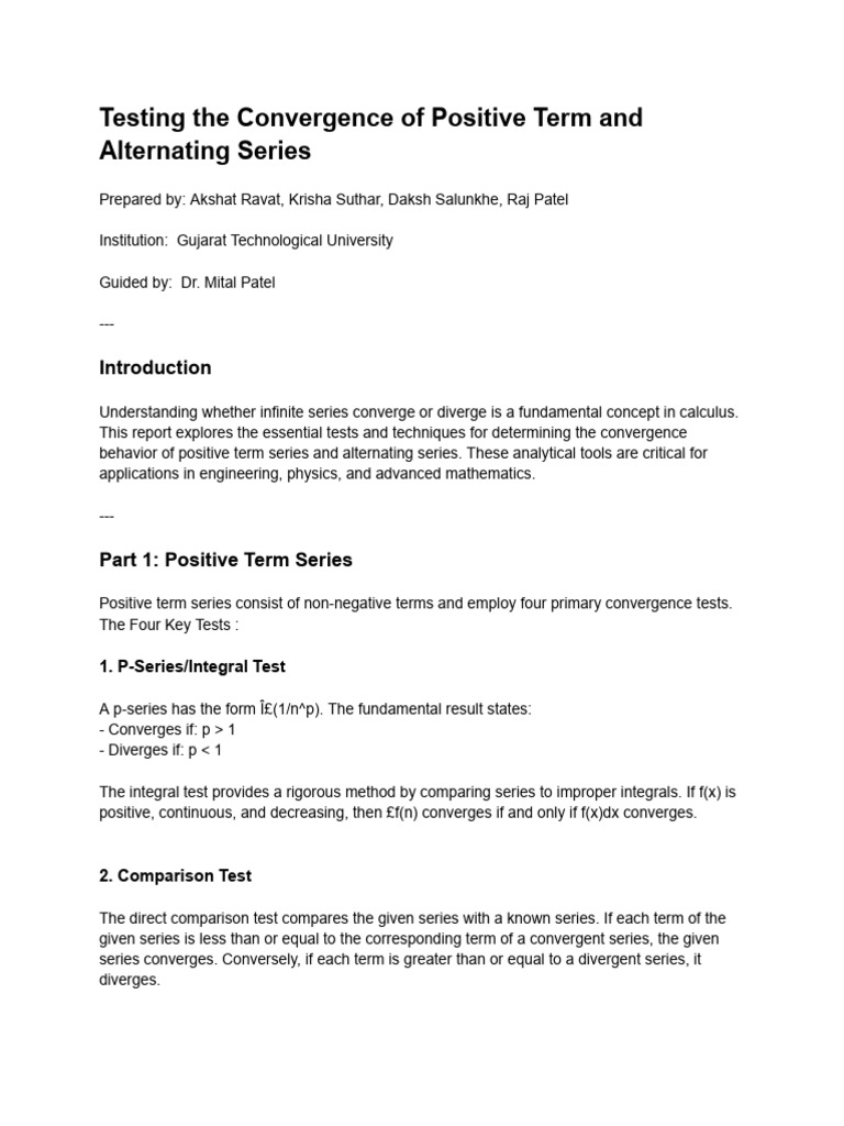 Convergence Tests for Series Analysis | PDF | Series (Mathematics ...