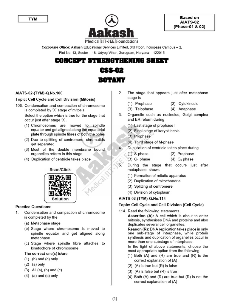 Concept Strengthening Sheet (CSS-02) Based On AIATS-02 (TYM - Phase-01 & 02) - Botany | PDF ...