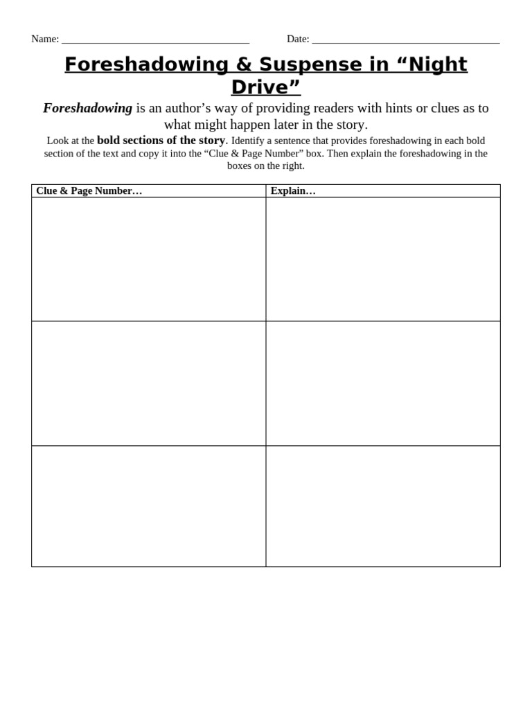Night Drive Foreshadowing Graphic Organizer | PDF