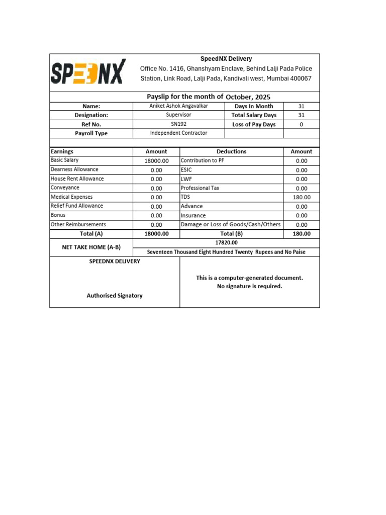 Aniket Ashok Angavalkar_Payslip_October, 2025 | PDF