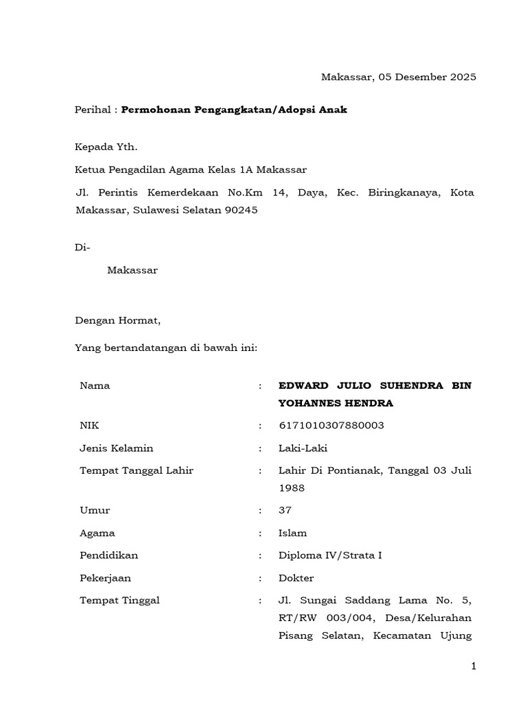 EDWARD JULIO SUHENDRA - Permohonan Pengangkatan_Adopsi Anak | PDF