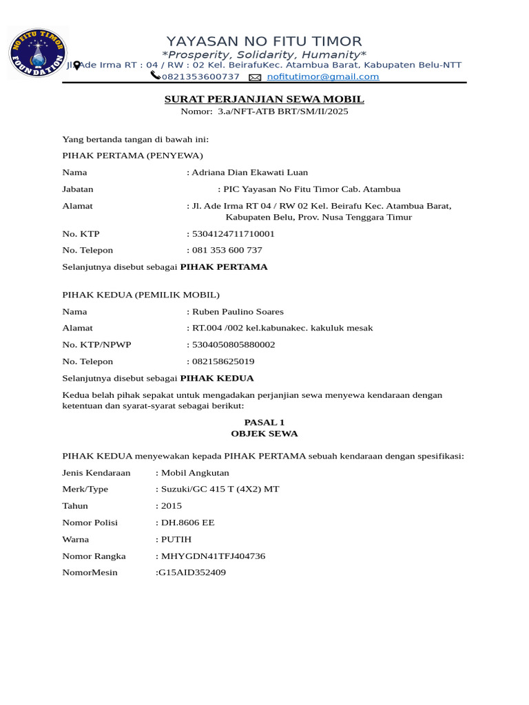 SURAT PERJANJIAN SEWA MOBIL ruben - Copy | PDF