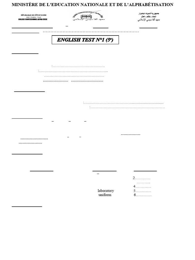 English Test n1 5e | PDF | Linguistics | Learning